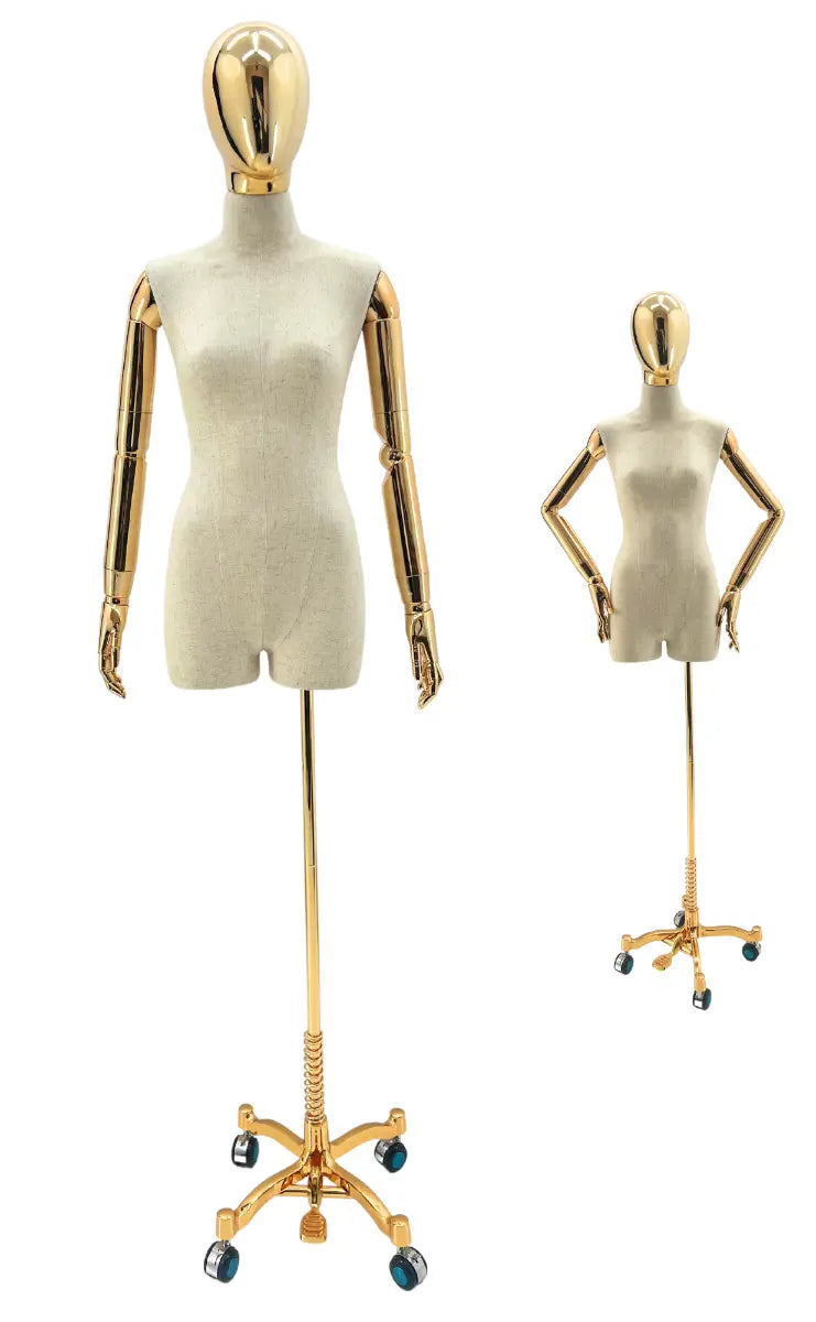 Female Linen Body Form w/ Gold Arms & Head | Dressmaker Base Display ...